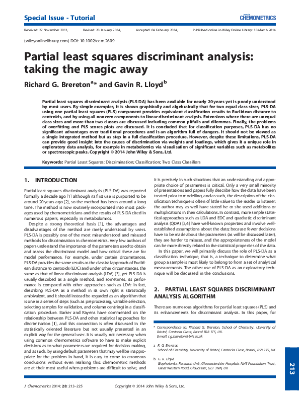 (PDF) Partial least squares discriminant analysis: taking the magic away