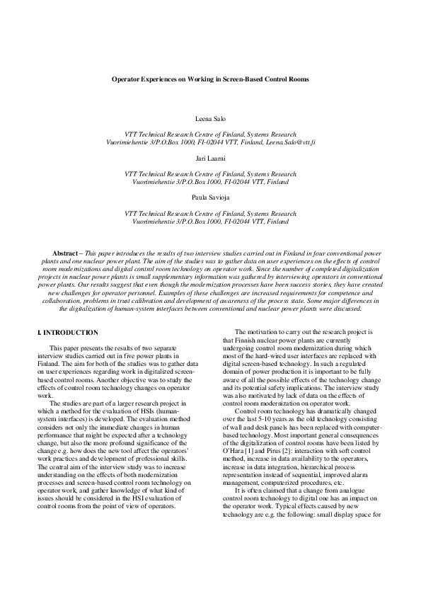 (PDF) Operator experiences on working in screen-based control rooms