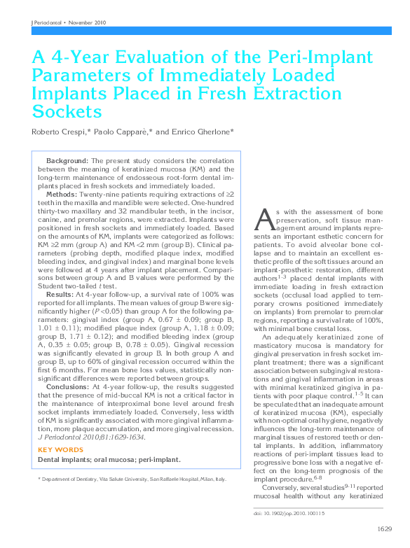 (PDF) A 4-Year Evaluation of the Peri-Implant Parameters of Immediate Loaded Implants Placed in ...
