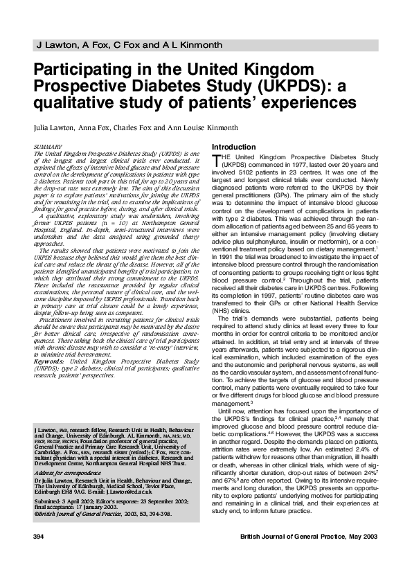 (PDF) Participating in the United Kingdom Prospective Diabetes Study ...