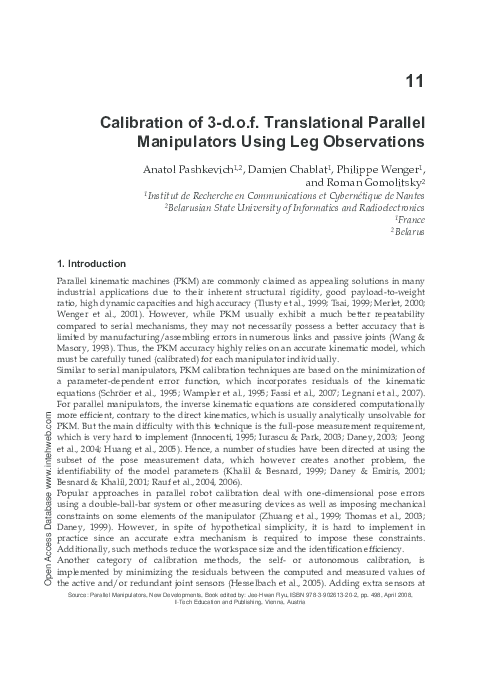 (PDF) Calibration of 3-DOF Translational Parallel Manipulators Using Leg Observations | A ...