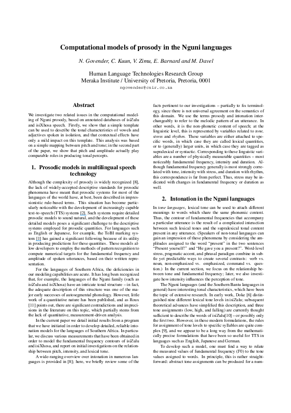 (PDF) Computational models of prosody in the Nguni languages | Marelie ...