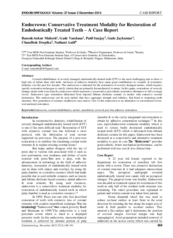 (PDF) Endocrown: Conservative Treatment Modality for Restoration of ...