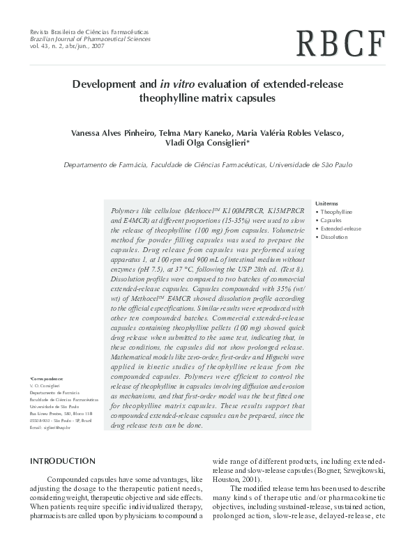 Pdf Development And In Vitro Evaluation Of Extended Release Theophylline Matrix Capsules