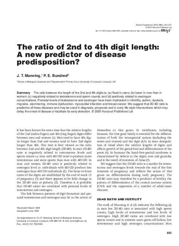 (PDF) The ratio of 2nd to 4th digit length: A new predictor of disease ...