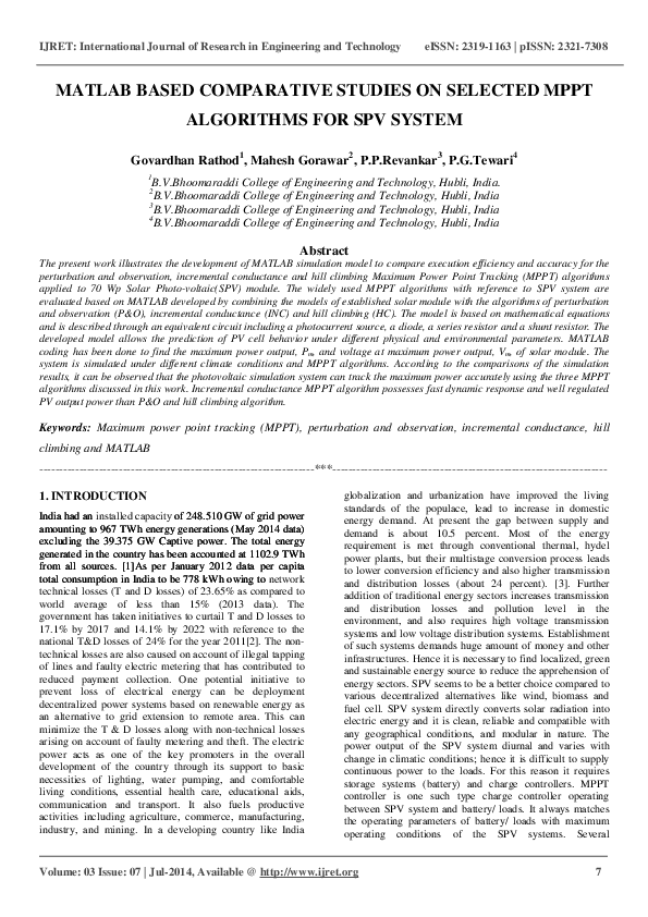 (PDF) MATLAB BASED COMPARATIVE STUDIES ON SELECTED MPPT ALGORITHMS FOR SPV SYSTEM