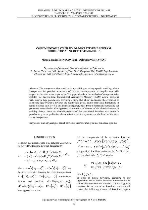 (PDF) COMPONENTWISE STABILITY OF DISCRETE-TIME INTERVAL BIDIRECTIONAL ASSOCIATIVE MEMORIES