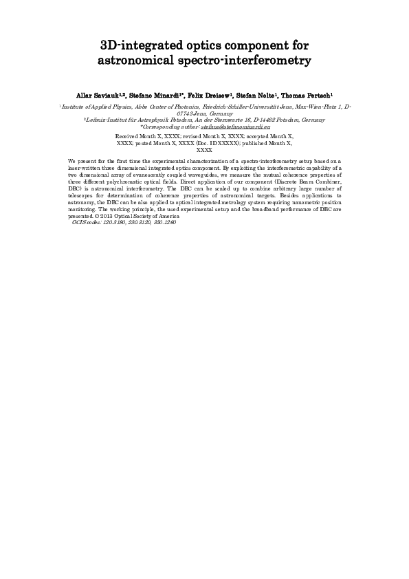 (PDF) 3D-integrated optics component for astronomical spectro-interferometry | stefano minardi ...
