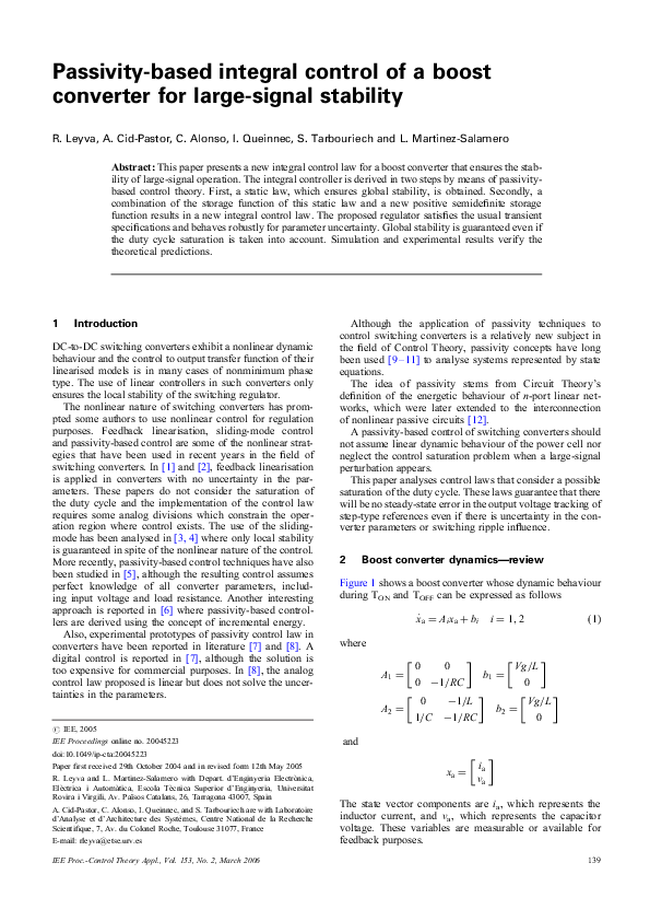 (PDF) Passivity-based integral control of a boost converter for large-signal stability | L ...