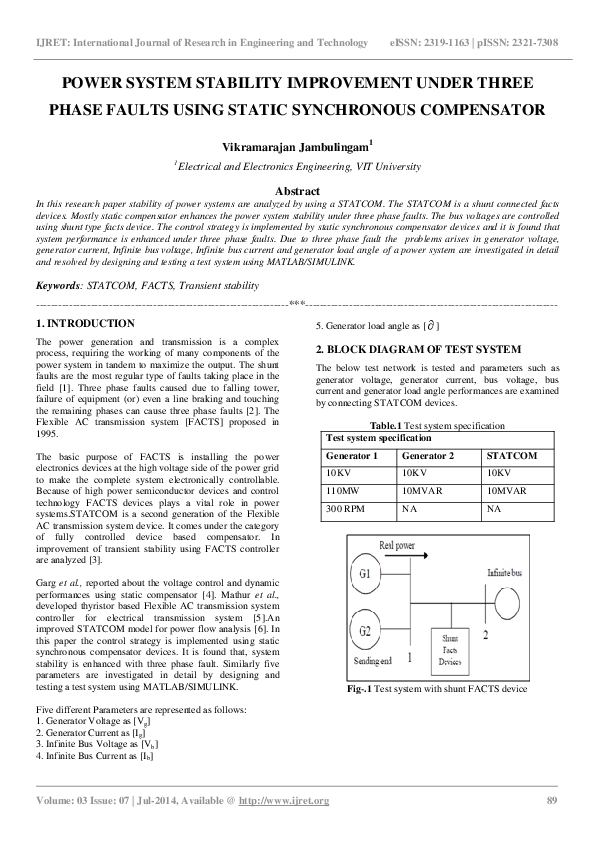 (PDF) POWER SYSTEM STABILITY IMPROVEMENT UNDER THREE PHASE FAULTS USING STATIC SYNCHRONOUS ...