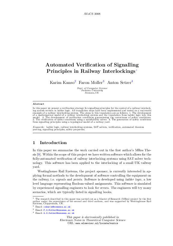 Pdf Automated Verification Of Signalling Principles In Railway Interlocking Systems