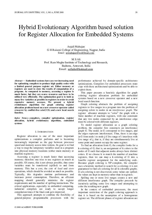 Pdf Hybrid Evolutionary Algorithm Based Solution For Register Allocation For Embedded Systems