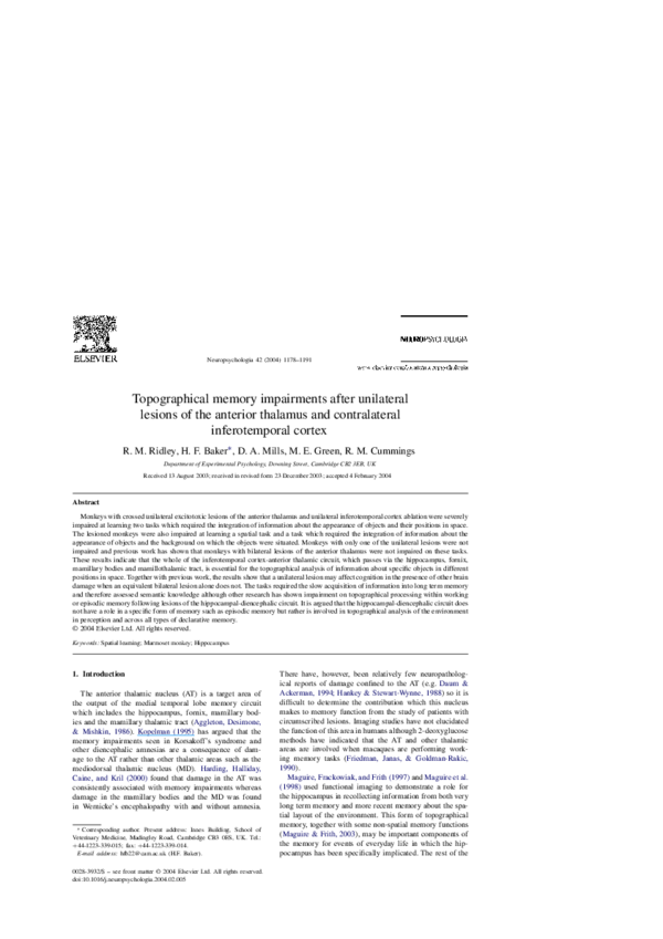 (PDF) Topographical memory impairments after unilateral lesions of the anterior thalamus and ...