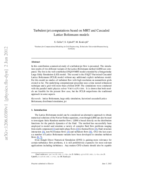 (PDF) Turbulent jet computations based on MRT and Cascaded Lattice Boltzmann models