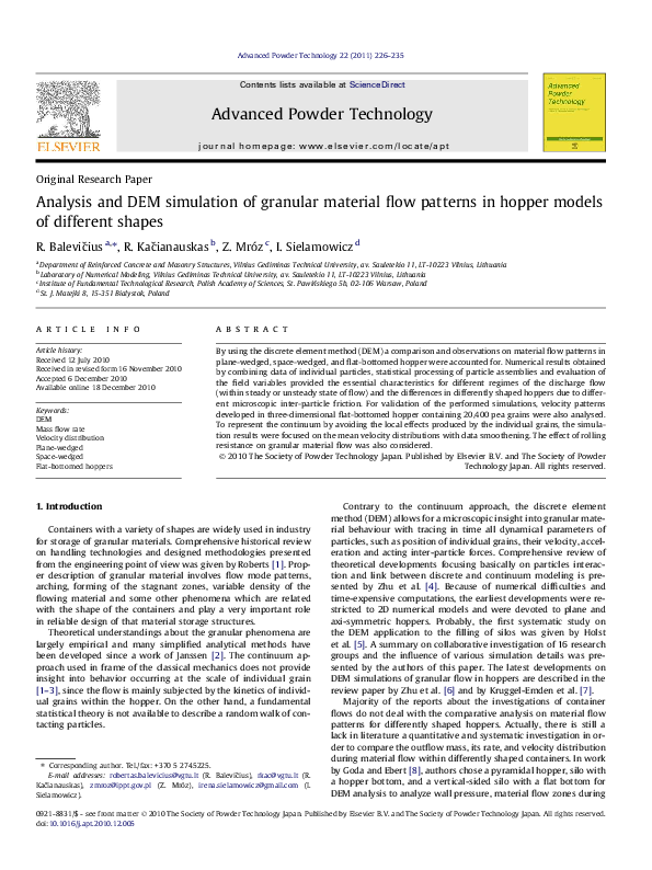 Pdf Analysis And Dem Simulation Of Granular Material Flow Patterns In Hopper Models Of 