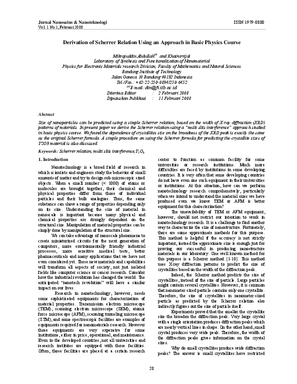 (PDF) Derivation of Scherrer Relation Using an Approach in Basic ...