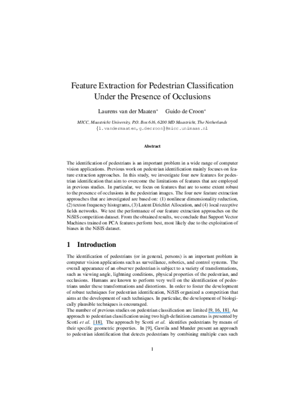 Pdf Feature Extraction For Pedestrian Classification Under The Presence Of Occlusions Guido