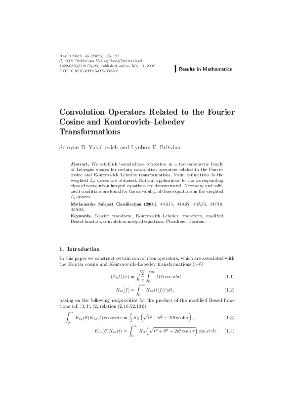 (PDF) Convolution Operators Related to the Fourier Cosine and Kontorovich–Lebedev Transformations