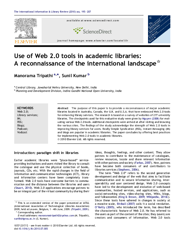 (PDF) Use of Web 2.0 tools in academic libraries: A reconnaissance of ...
