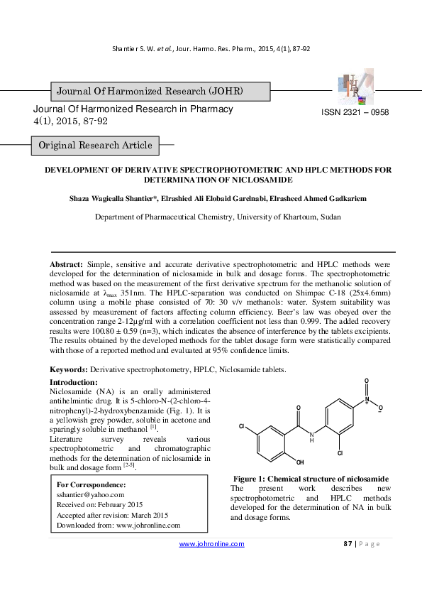 (PDF) Development of derivative spectrophotometric and HPLC methods for determination of niclosamide