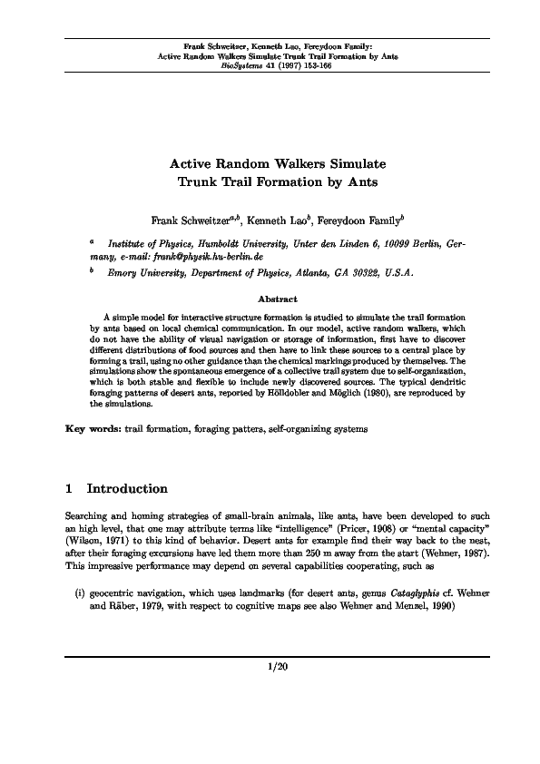 Pdf Active Random Walkers Simulate Trunk Trail Formation By Ants