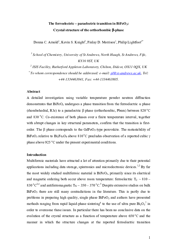 (PDF) The ferroelectric-paraelectric phase transition in BiFeO3: crystal structure of the ...
