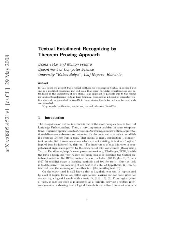 Pdf Textual Entailment Recognizing By Theorem Proving Approach
