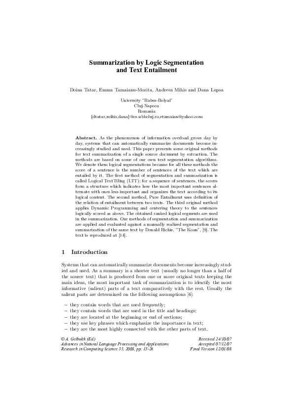 (PDF) Summarization by logic segmentation and text entailment