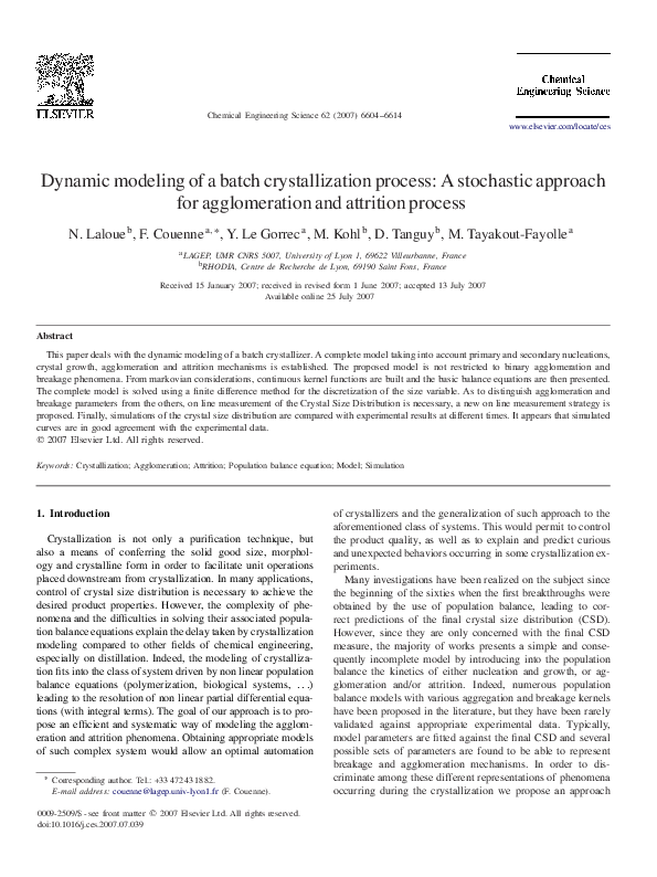 Pdf Dynamic Modeling Of A Batch Crystallization Process A Stochastic