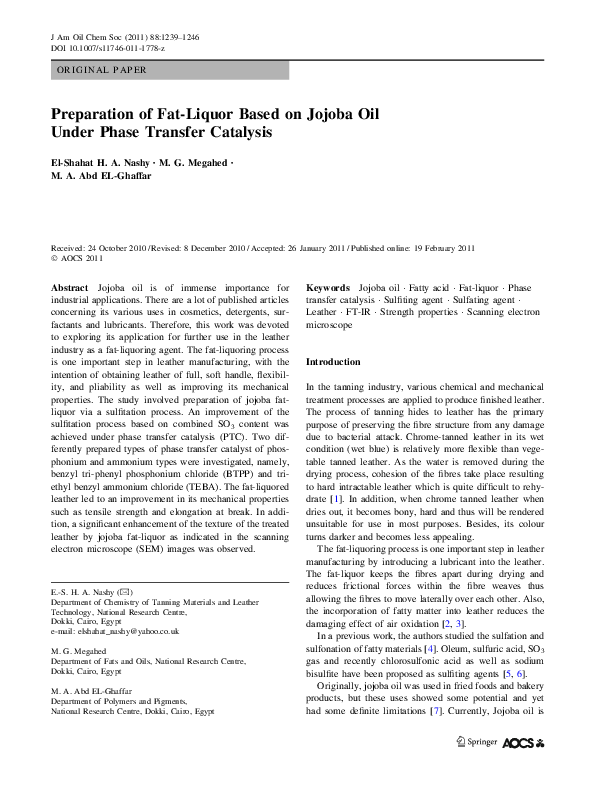(PDF) Preparation of Fat-Liquor Based on Jojoba Oil Under Phase ...