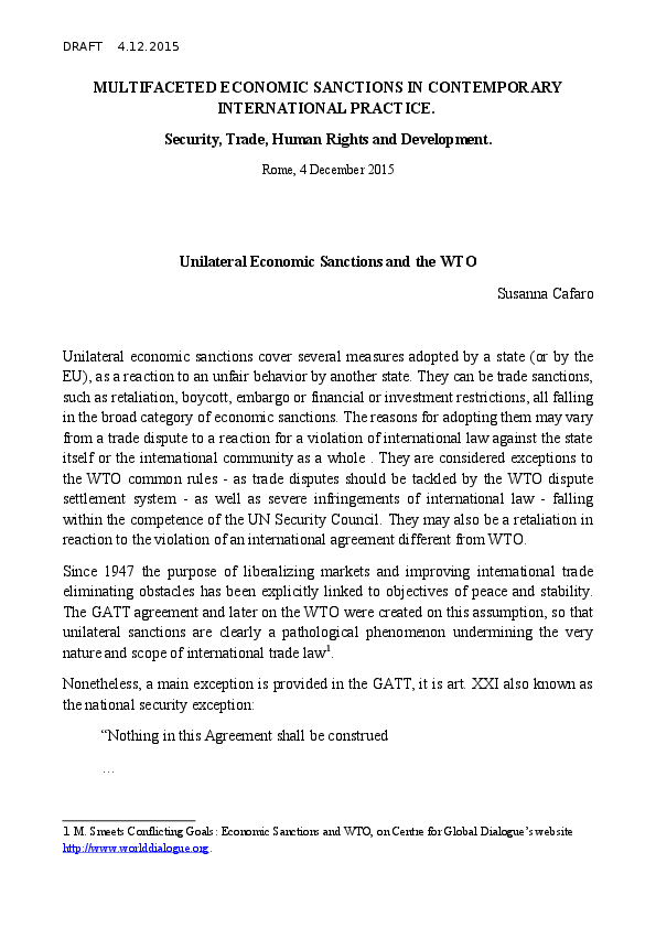 (DOC) Unilateral Economic Sanctions and the WTO