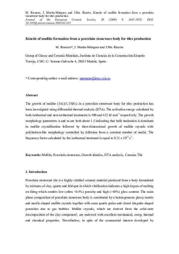 (PDF) Kinetic of mullite formation from a porcelain stoneware body for ...