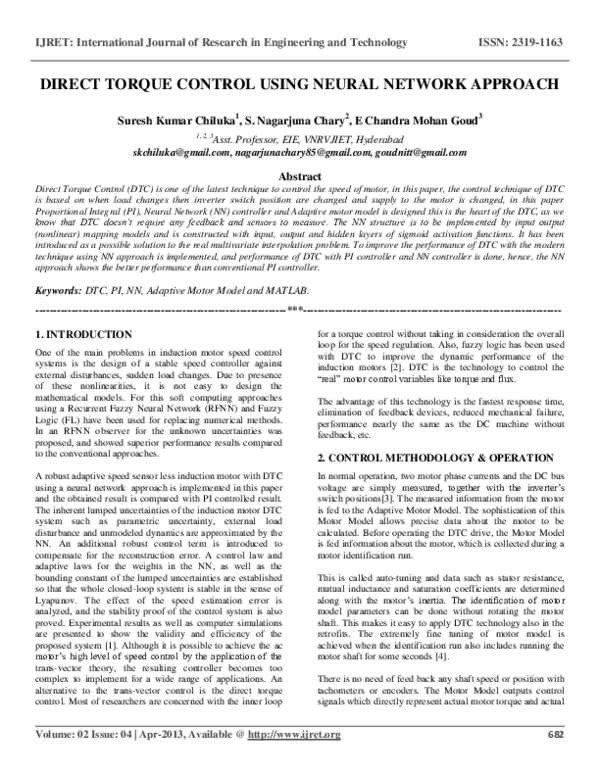 Pdf Direct Torque Control Using Neural Network Approach Esat Journals