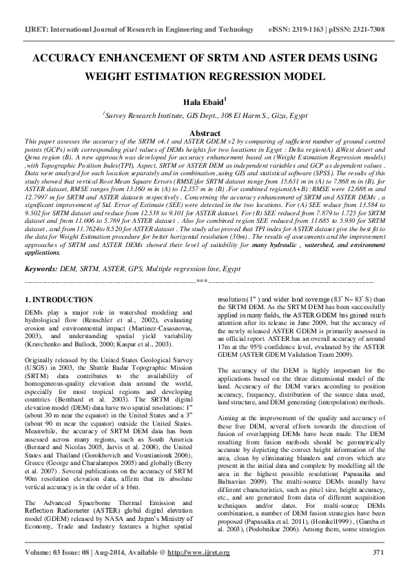(PDF) ACCURACY ENHANCEMENT OF SRTM AND ASTER DEMS USING WEIGHT ESTIMATION REGRESSION MODEL