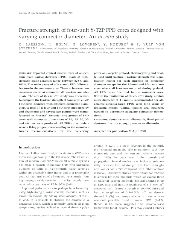 (PDF) Fracture strength of four-unit Y-TZP FPD cores designed with ...