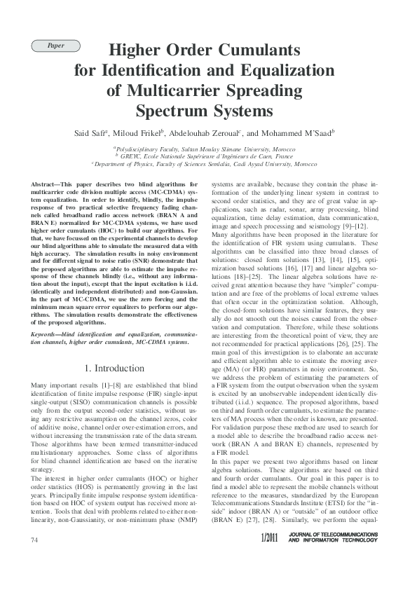 Pdf Higher Order Cumulants For Identification And Equalization Of