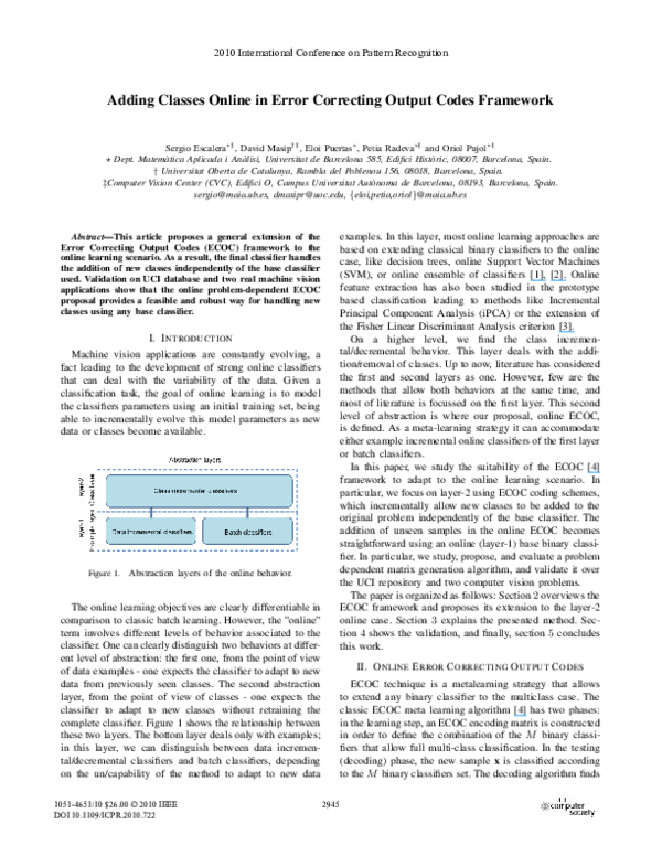 (PDF) Adding Classes Online in Error Correcting Output Codes Framework | Petia Radeva, David ...