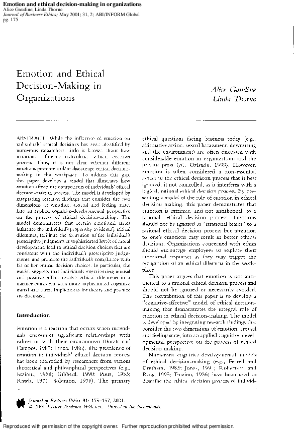 (PDF) Emotion and ethical decision-making in organizations