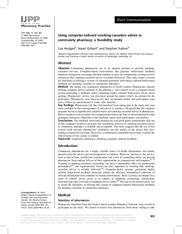 (PDF) Using computer-tailored smoking-cessation advice in community pharmacy: A feasibility study