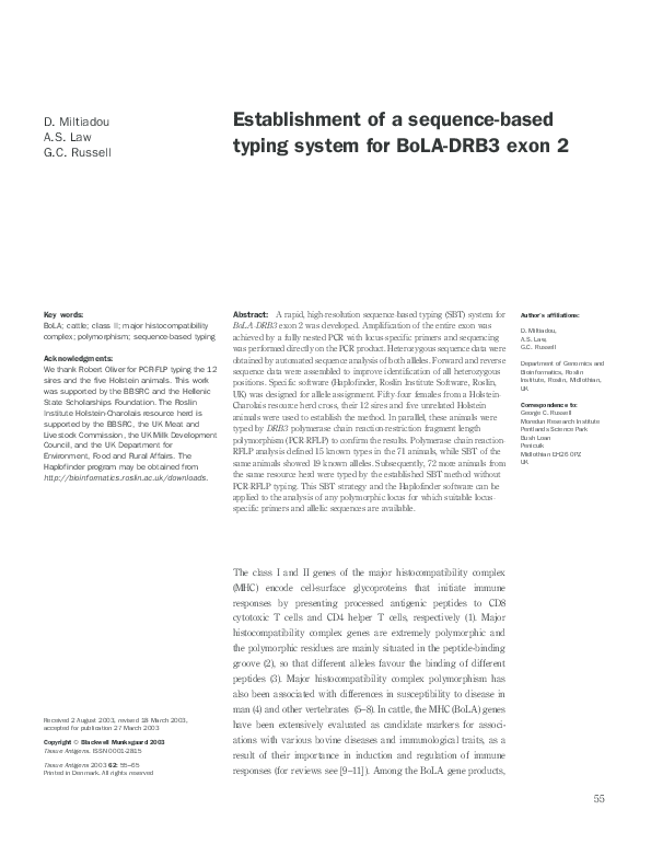 (PDF) Establishment of a sequence-based typing system for BoLA-DRB3 exon 2