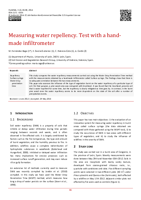 (PDF) Measuring water repellency. Test with a hand- made infiltrometer