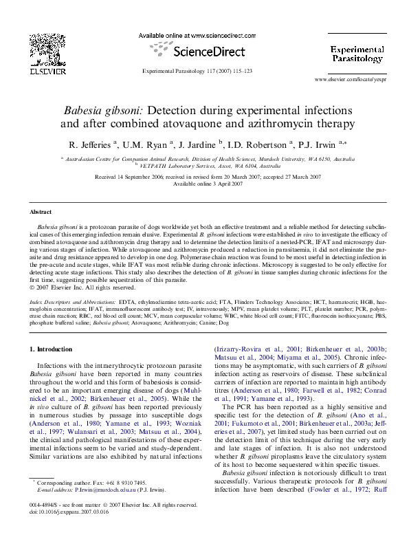 (PDF) Babesia gibsoni: Detection during experimental infections and ...