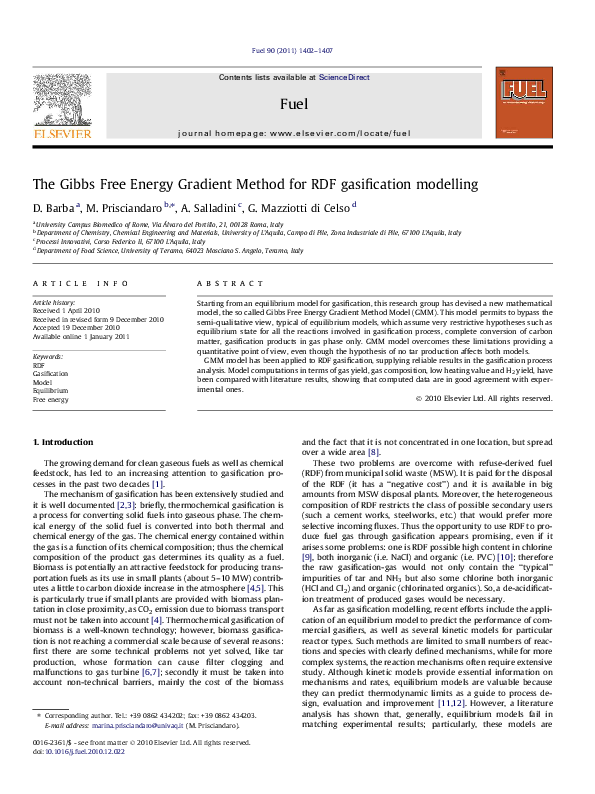 (PDF) The Gibbs Free Energy Gradient Method for RDF gasification modelling