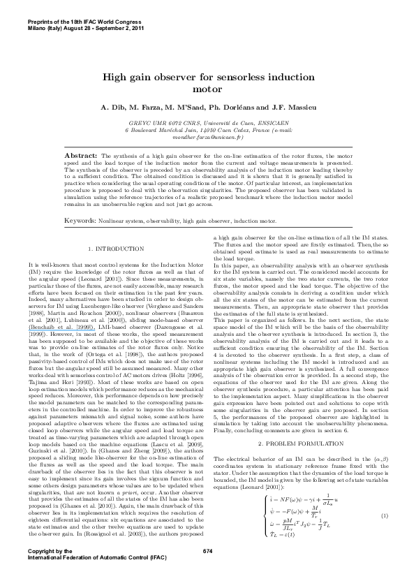 Pdf High Gain Observer For Sensorless Induction Motor