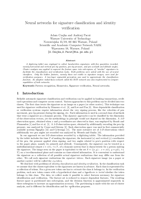 (PDF) Neural networks for signature classification and identity verification