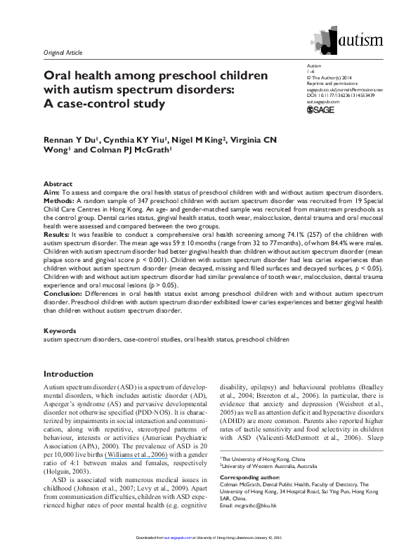 (PDF) Oral health among preschool children with autism spectrum ...