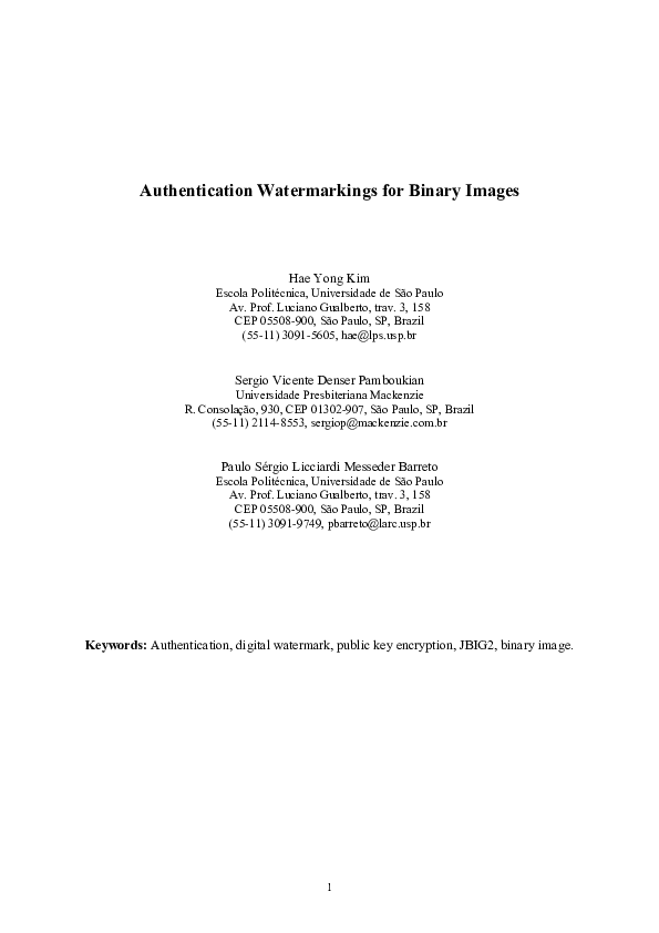 (PDF) Authentication Watermarkings for Binary Images | Hae Yong Kim - Academia.edu