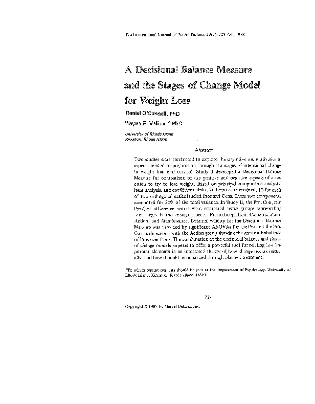 (PDF) A Decisional Balance Measure and the Stages of Change Model for ...