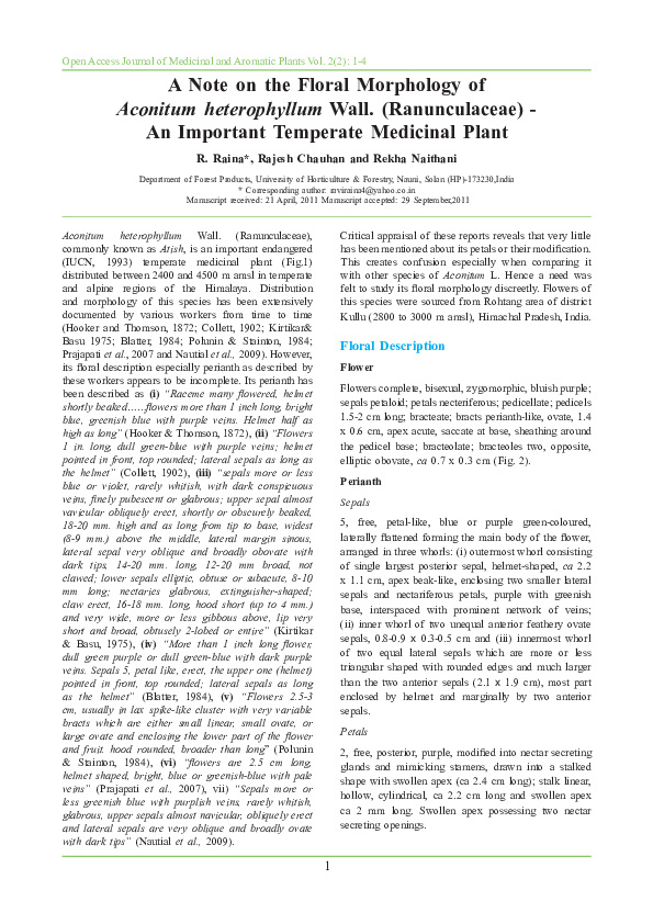 (PDF) A Note on the Floral Morphology of Aconitum heterophyllum Wall ...
