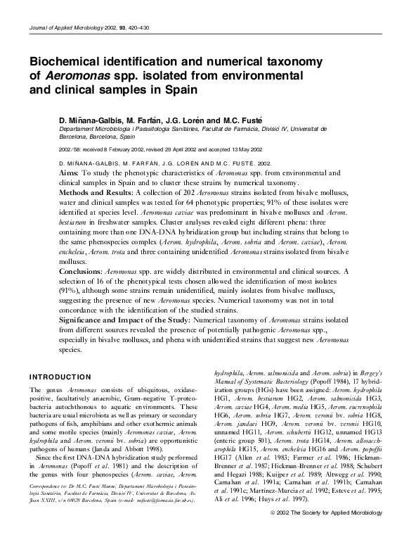 (PDF) Biochemical identification and numerical taxonomy of Aeromonas ...